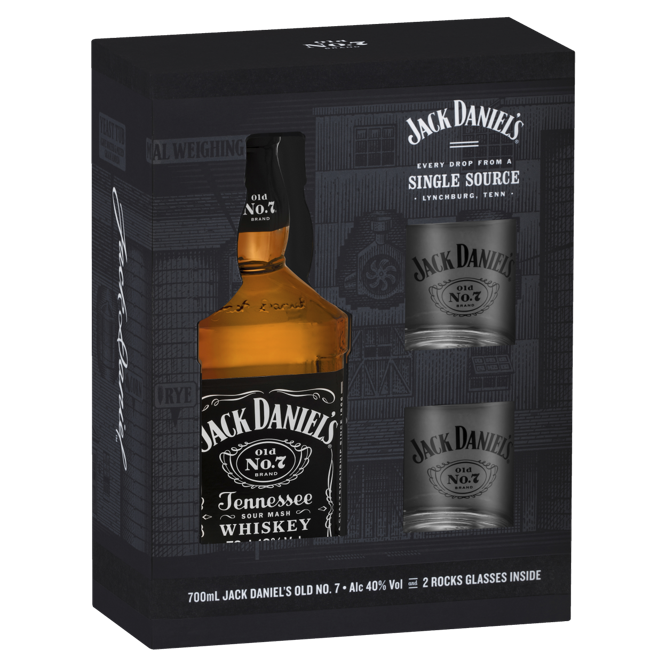 JACK DANIEL'S COFFRET N°7 + CARTON 2 VERRES 70CL 40° - La Cave du Château